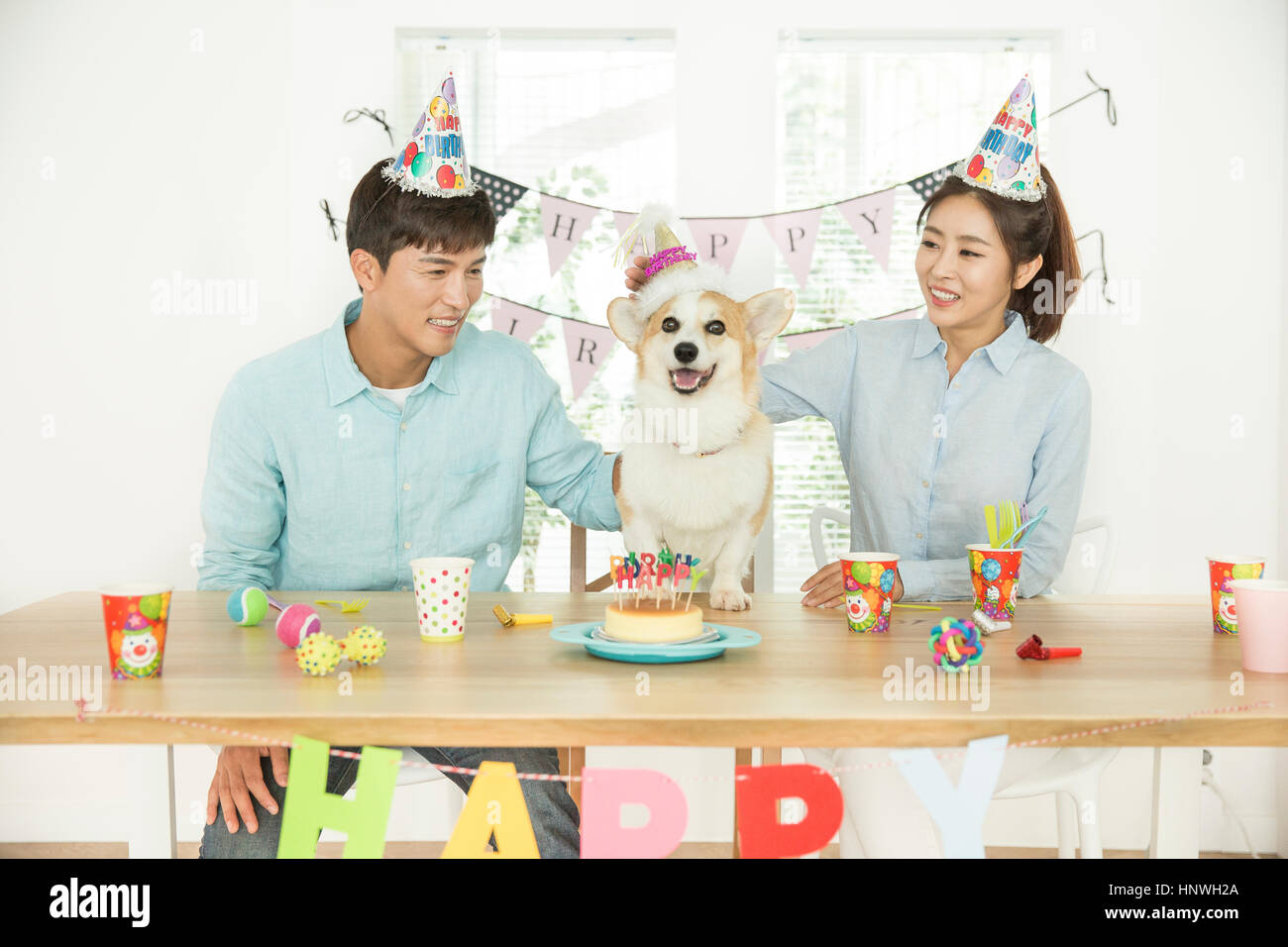 Smiling couple celebrating pet's birthday Stock Photo - Alamy