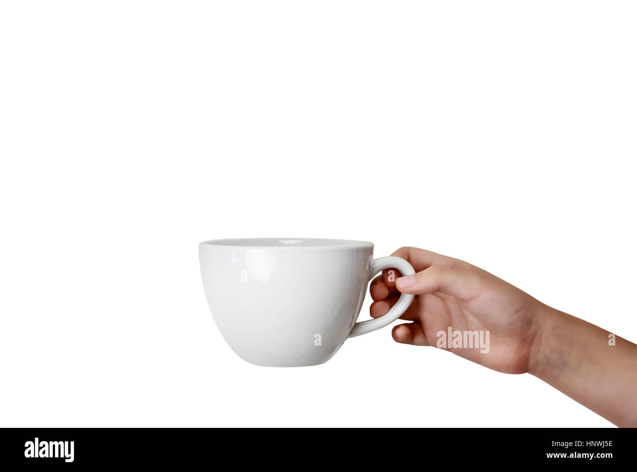 Isolated woman's hand holding coffee cup over white background with ...