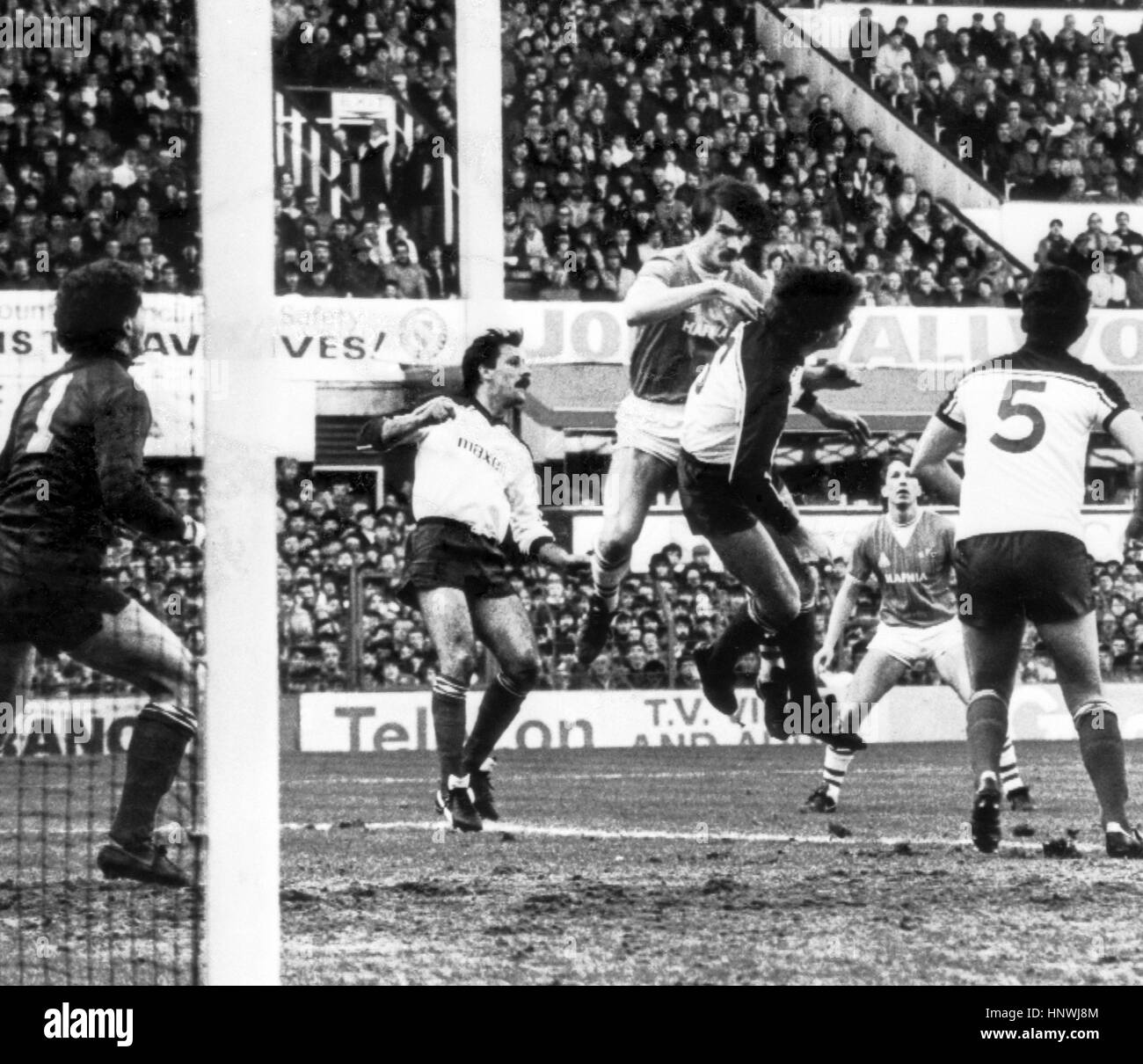 Derek Mountfield (Everton) soars above the opposition as he goes up for ...