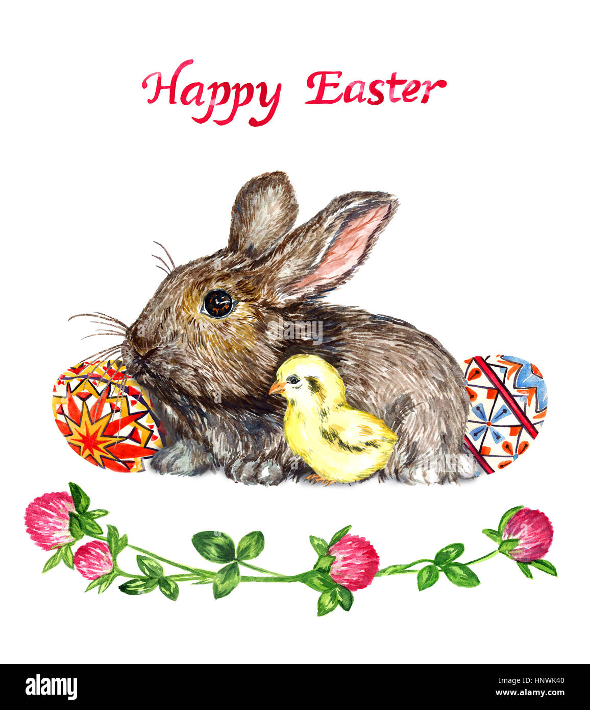 Easter bunny, chick and eggs with traditional painting and frame of ...