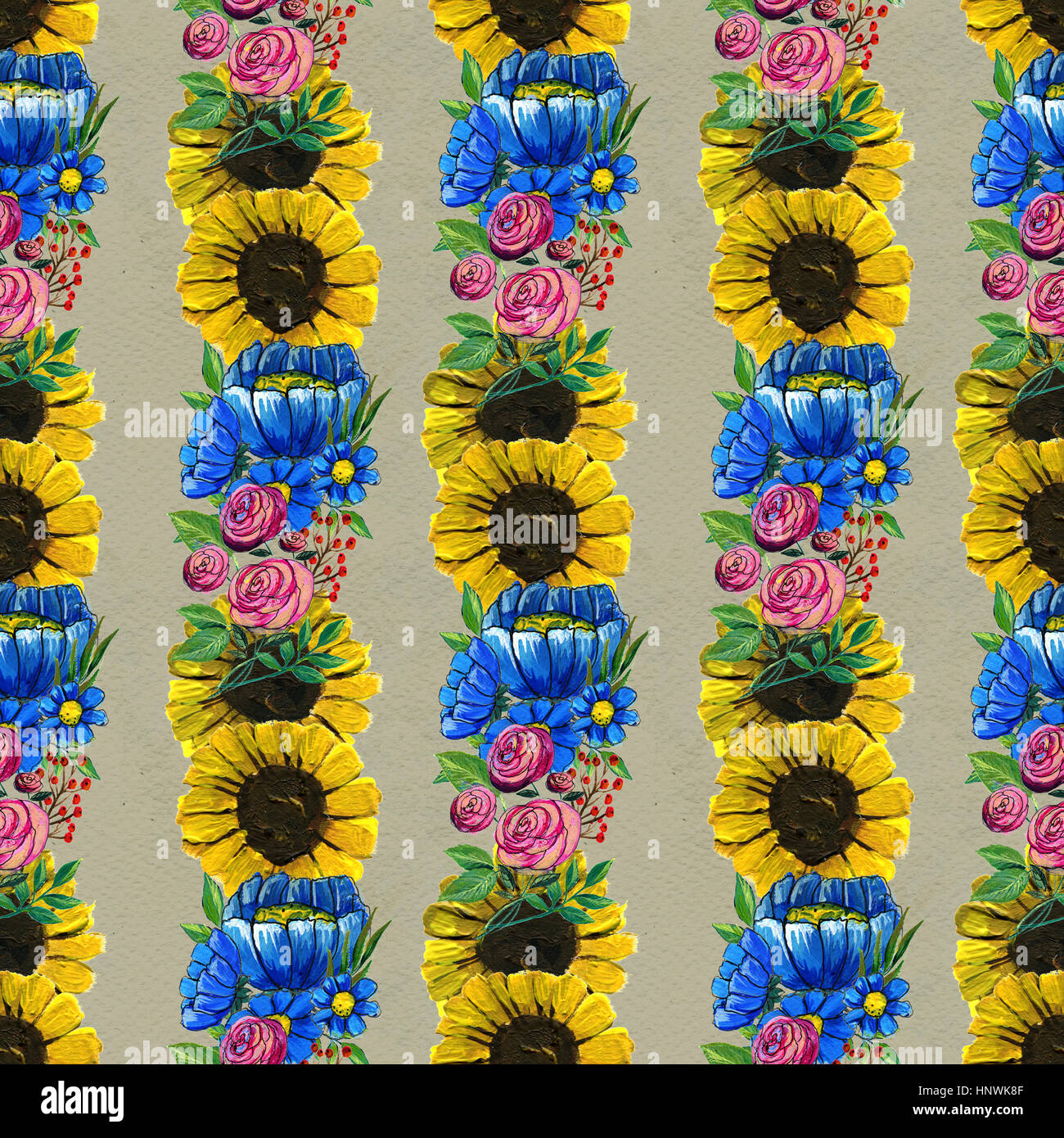 Seamless pattern with blue yellow and pink flowers Stock Photo - Alamy