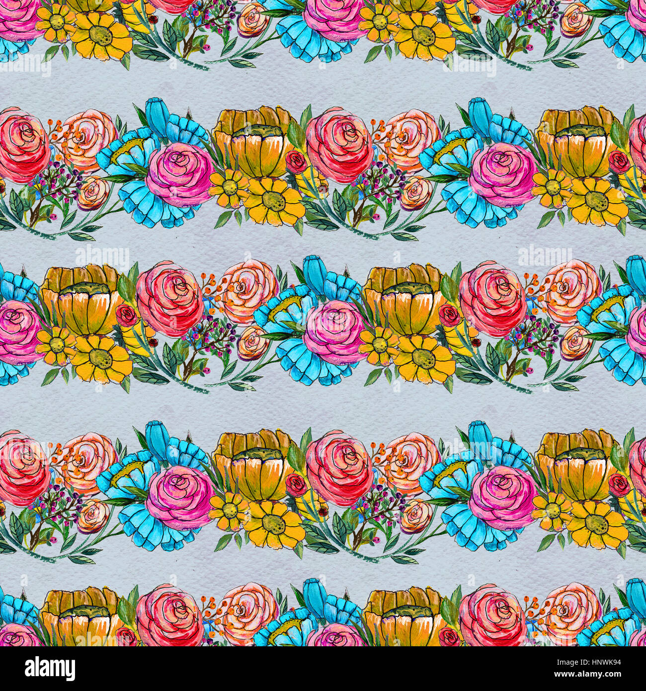 Seamless pattern with blue yellow and pink flowers Stock Photo - Alamy