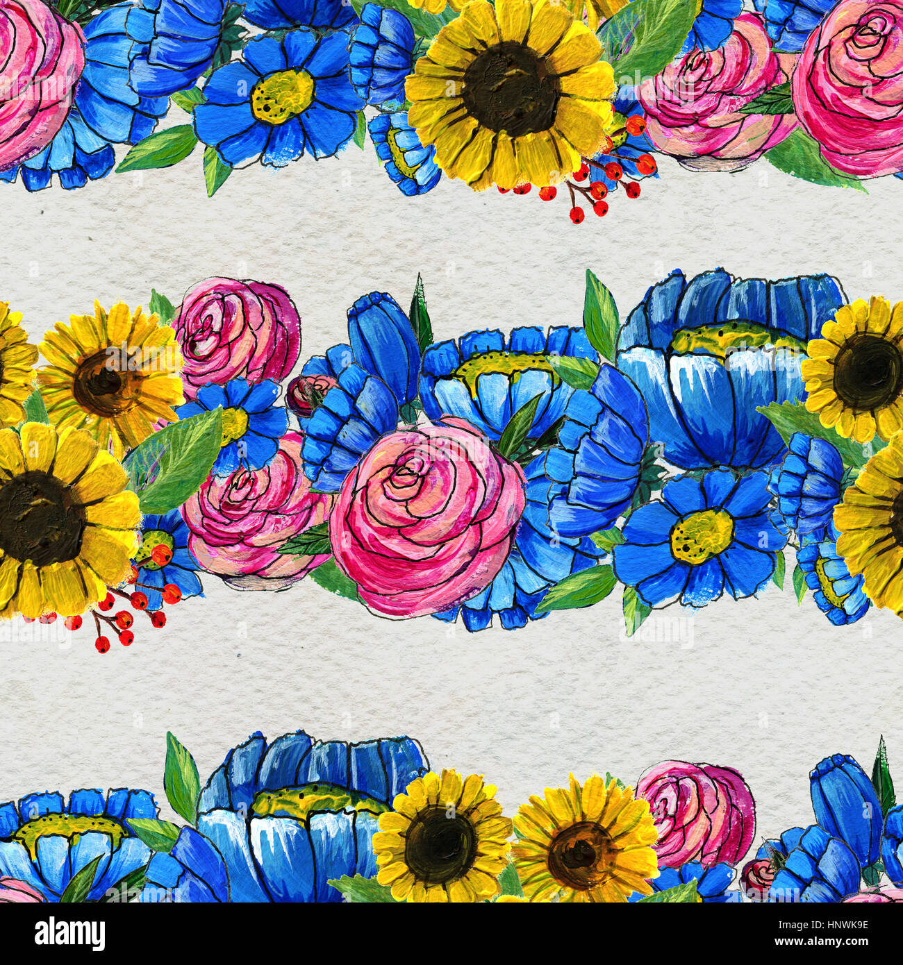 Seamless pattern with blue yellow and pink flowers Stock Photo - Alamy