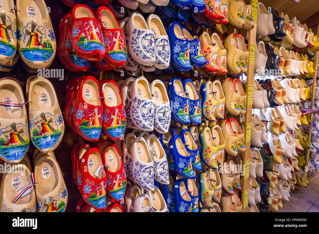 ZAANSE SCHANS, NETHERLANDS - Wooden shoes for sale at shop for tourists ...