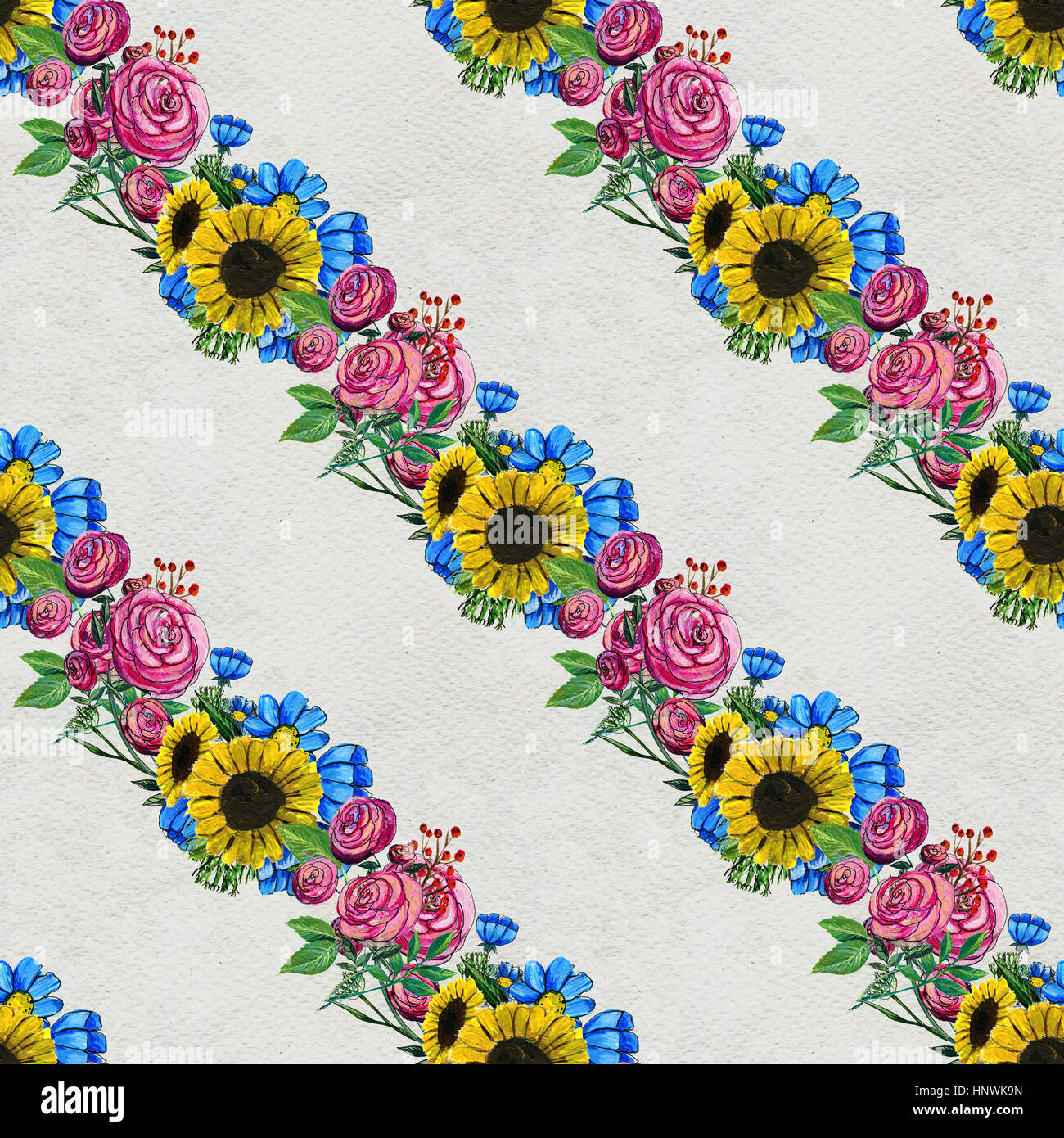 Seamless pattern with blue yellow and pink flowers Stock Photo - Alamy
