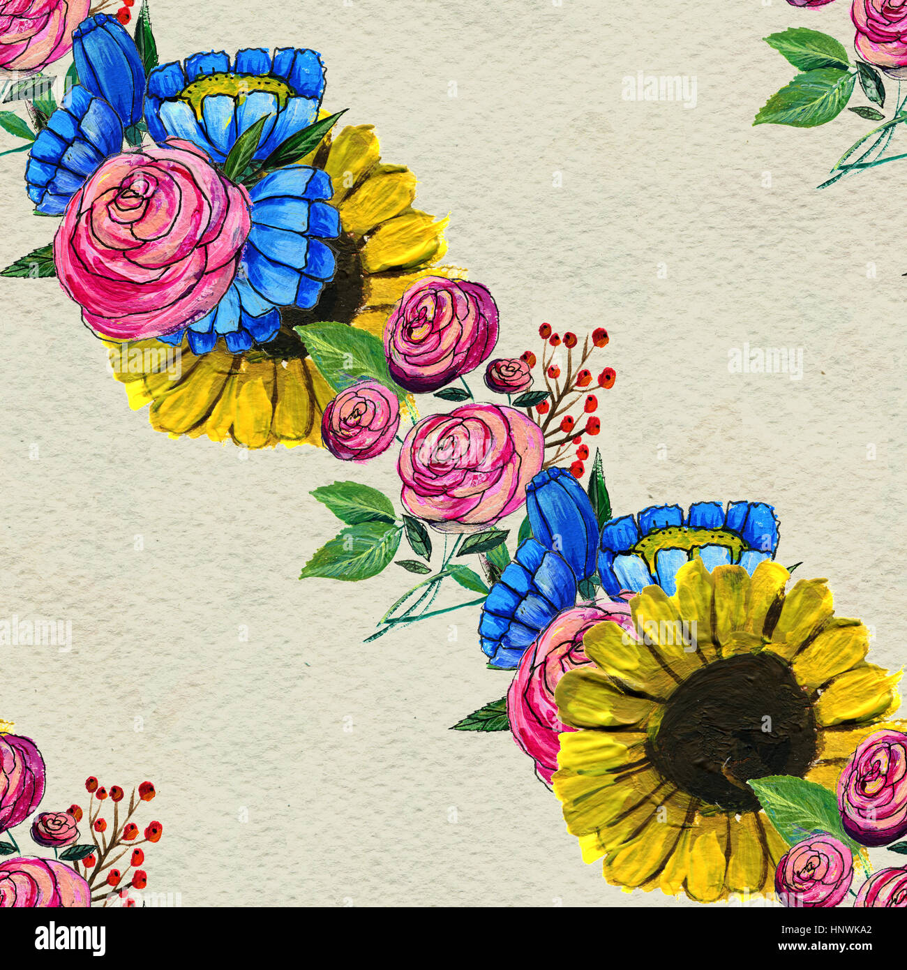 Seamless pattern with blue yellow and pink flowers Stock Photo - Alamy