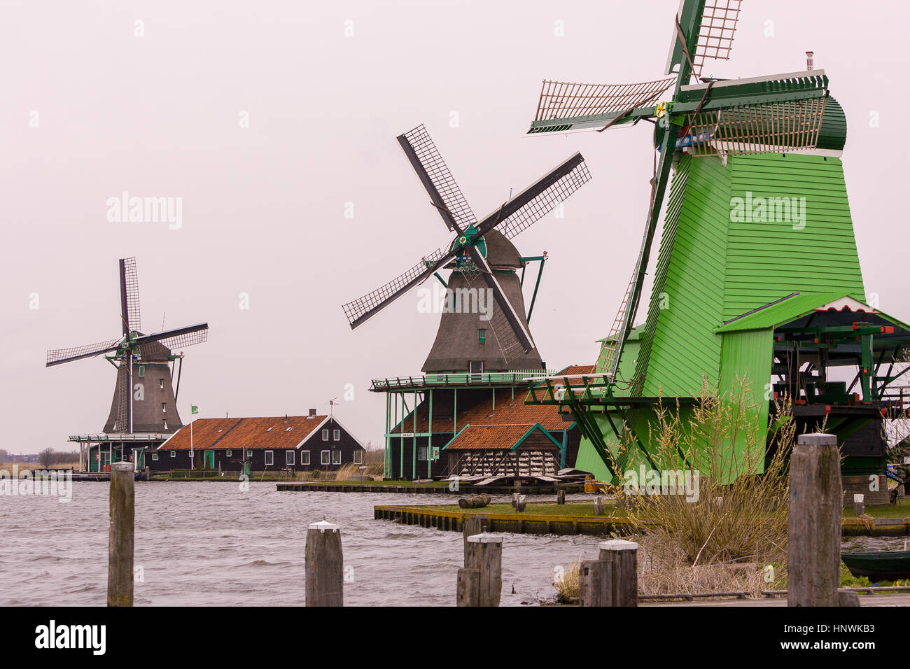 ZAANSE SCHANS, NETHERLANDS - Windmills, at Zaanse Schans museum village ...