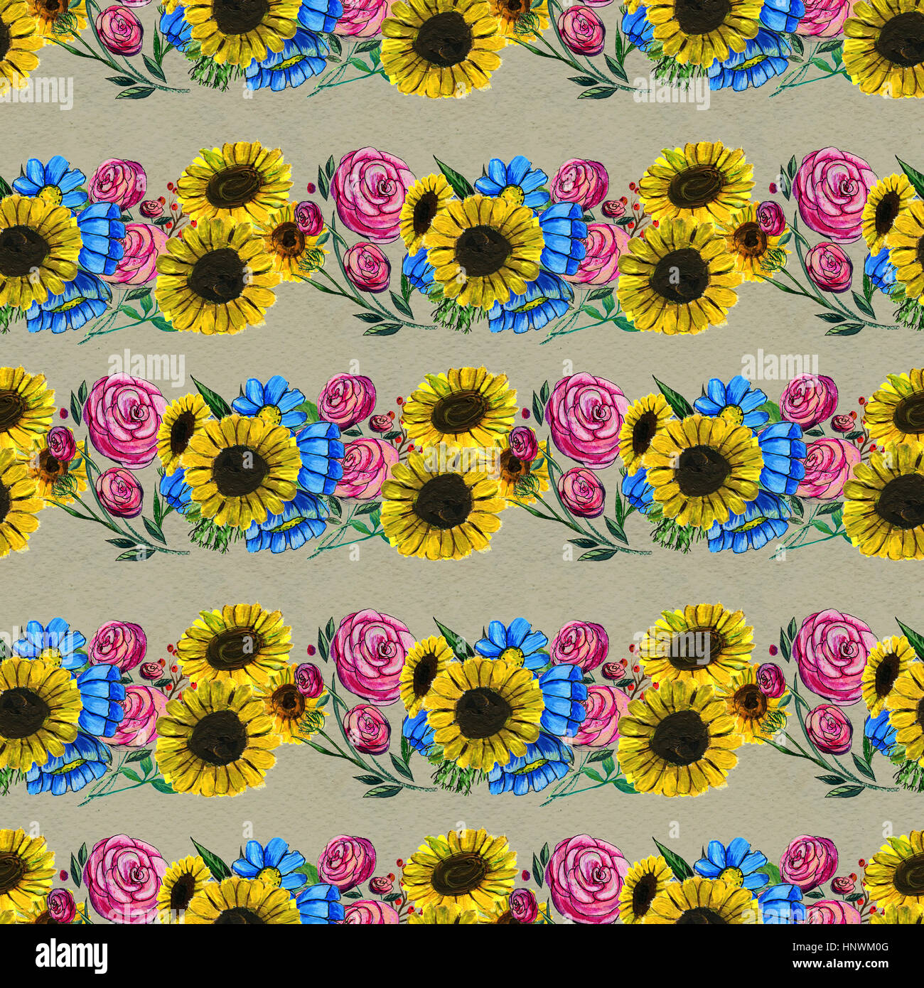 Seamless pattern with blue yellow and pink flowers Stock Photo - Alamy