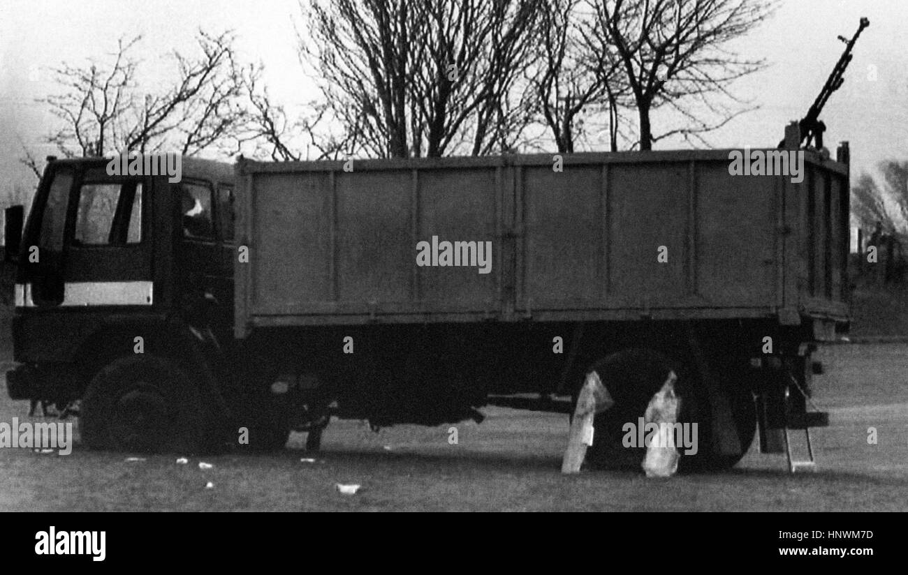 The lorry used by IRA terrorists to launch an attack on Coalisland R.U ...