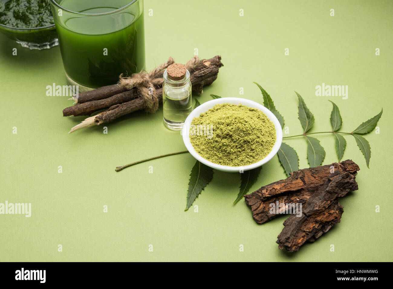 Medicinal Ayurvedic Azadirachta indica or Neem leaves in mortar and ...