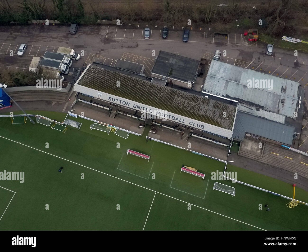 An aerial view of Gander Green Lane, home of Sutton United Football ...