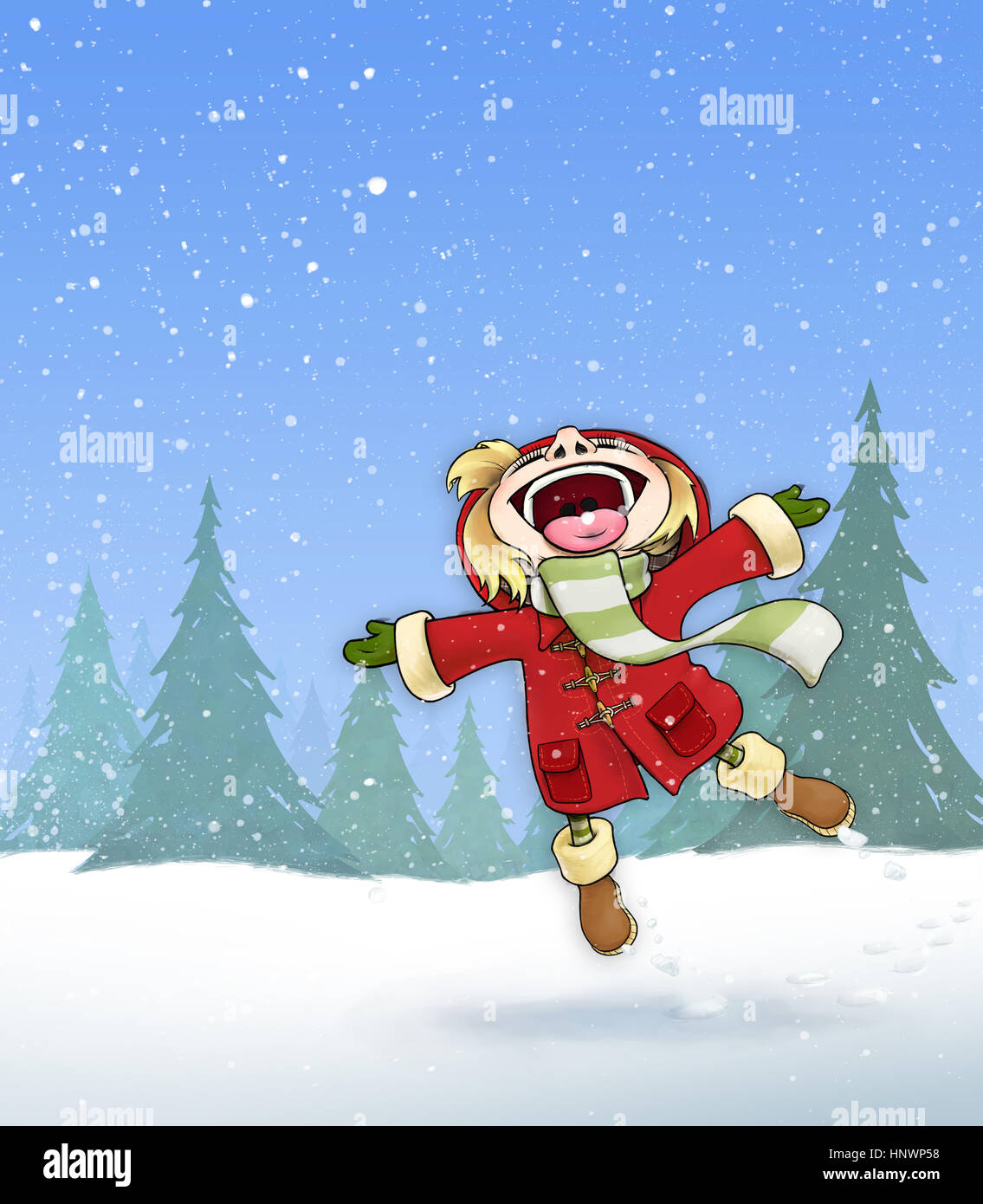 Illustration of a girl enjoying the snow Stock Photo - Alamy