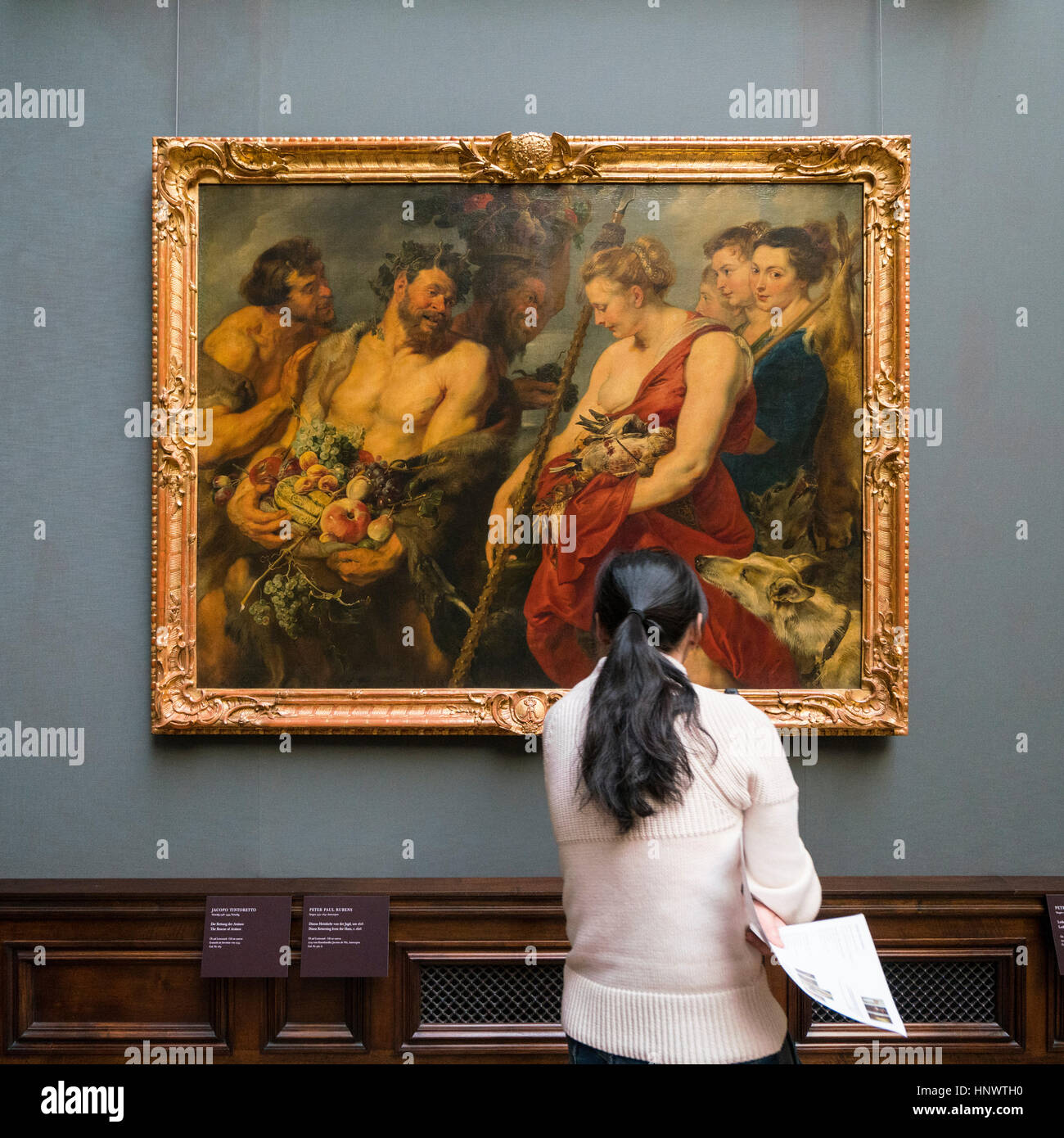 Visitor looking at painting "Diana Returning from the Hunt" by Peter ...