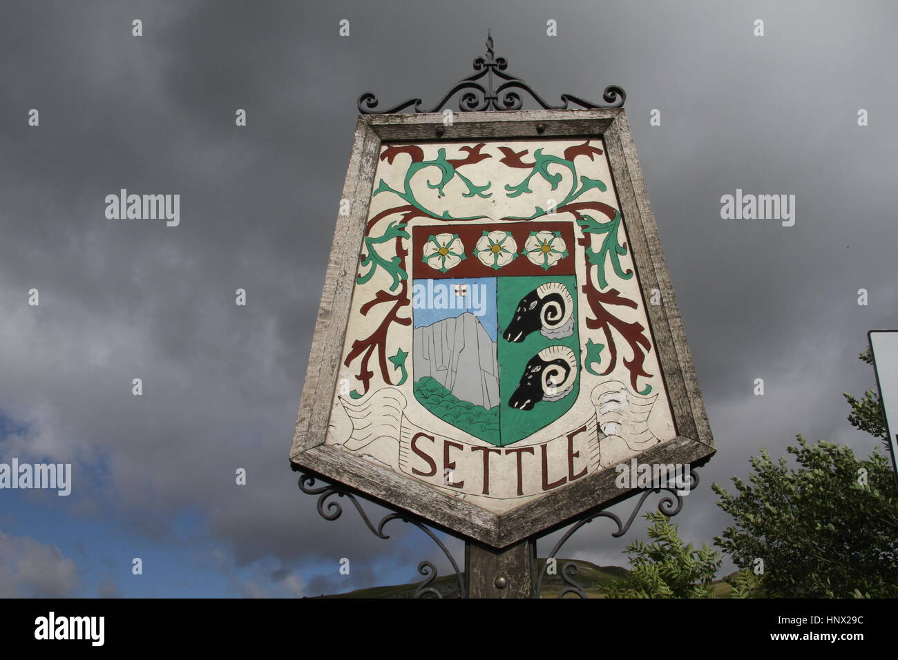 Traditional town welcome sign for Settle, North Yorkshire, UK Stock ...
