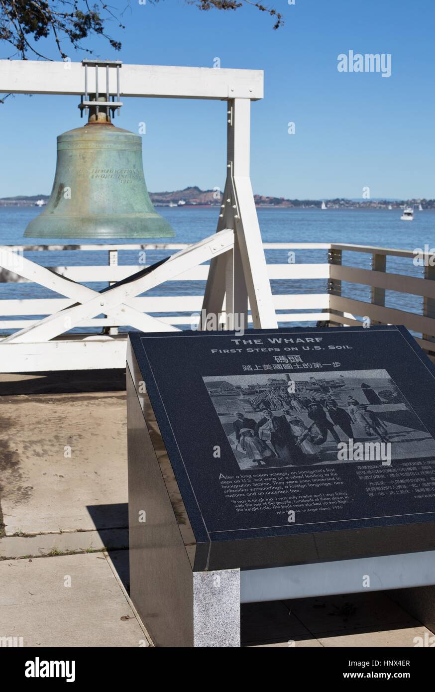 A bell and monument at the immigration station on Angel Island, near ...