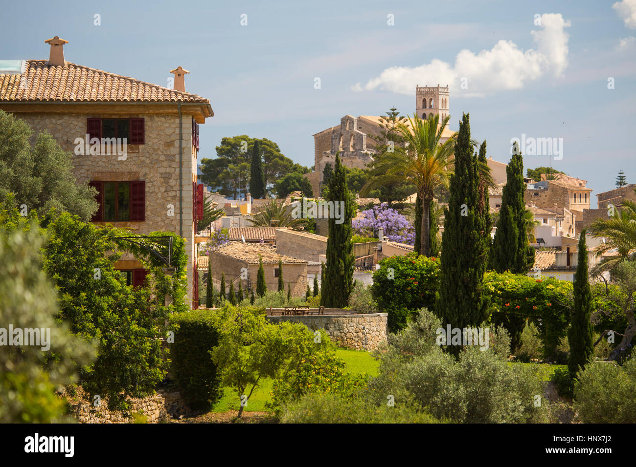 Elevated view of church tower and village, Selva, Majorca, Spain Stock ...