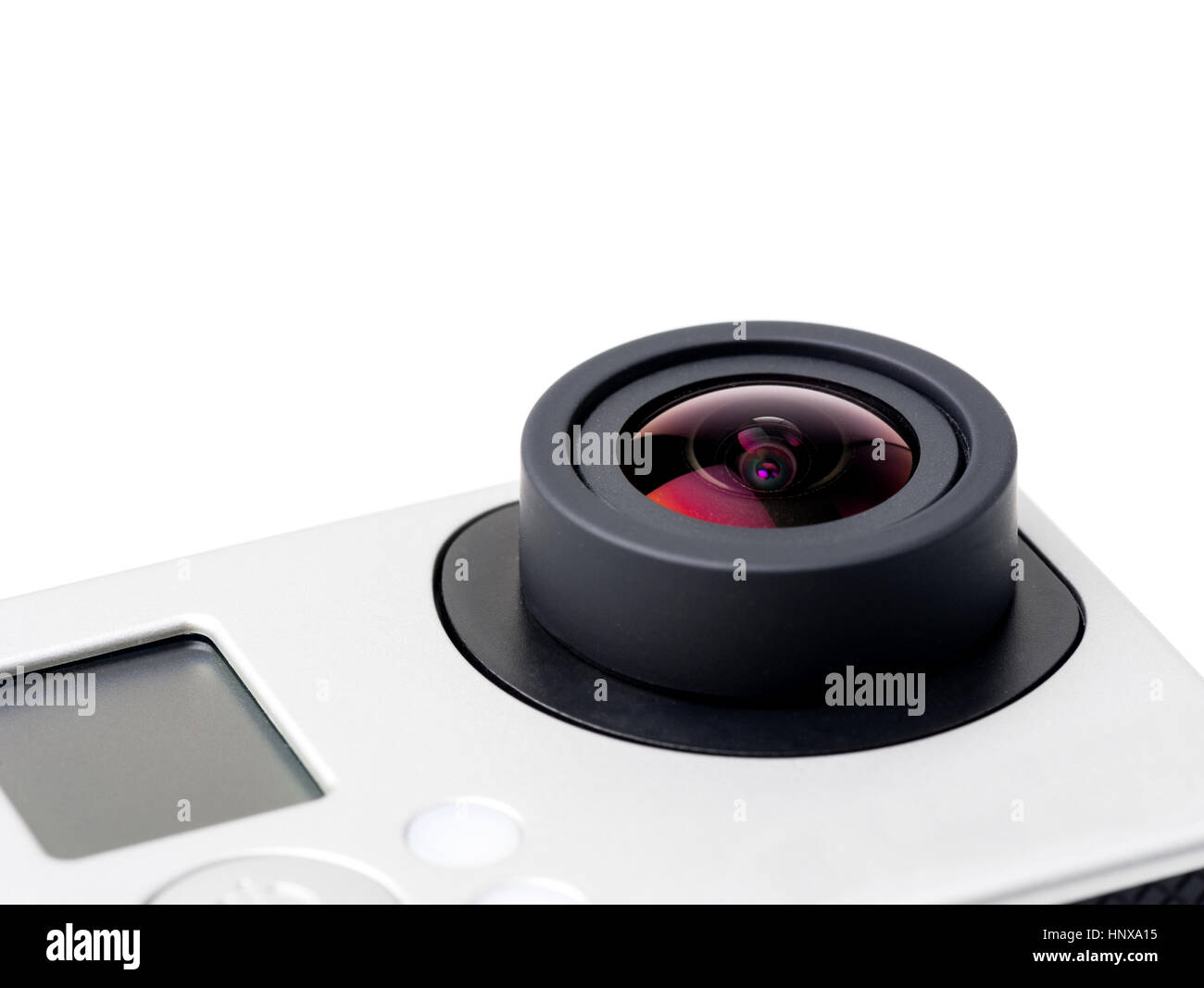 closeup lens of action camera over white background Stock Photo - Alamy