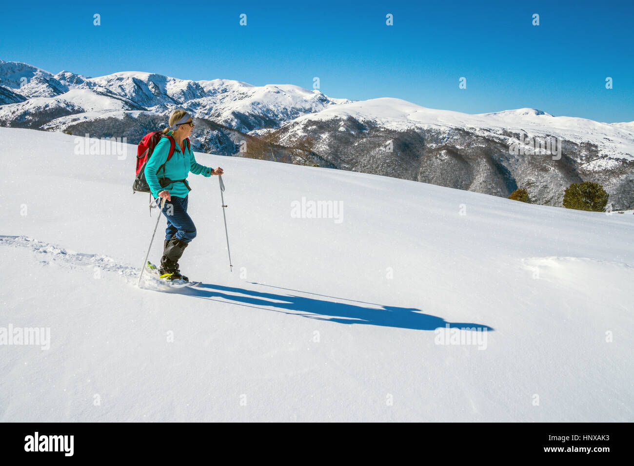 Female Figure Snowshoeing Plateau De Beille French Pyrenees Stock