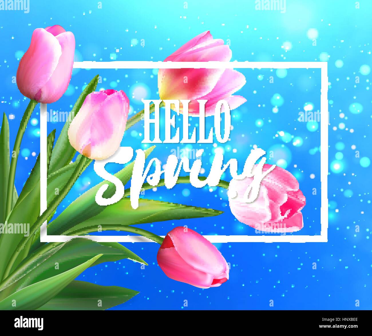 Hello spring tulips flowers background with lettering. Template for ...