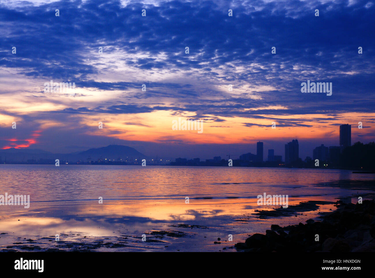 City skyline at the beach during nightfall Stock Photo - Alamy
