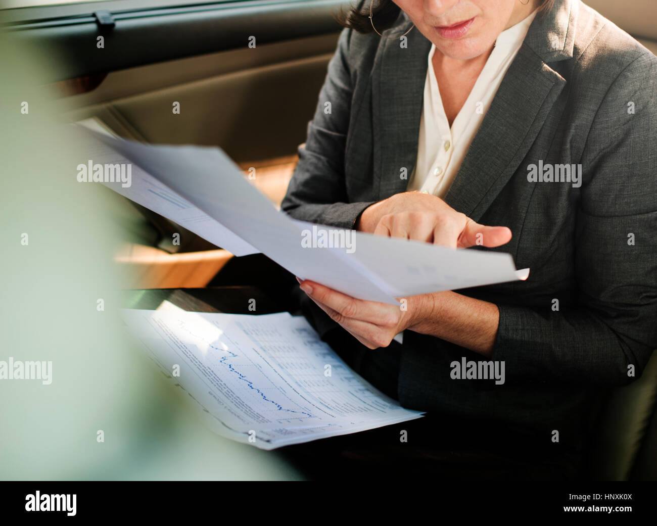 Businesswoman Busy Working Car Inside Stock Photo - Alamy