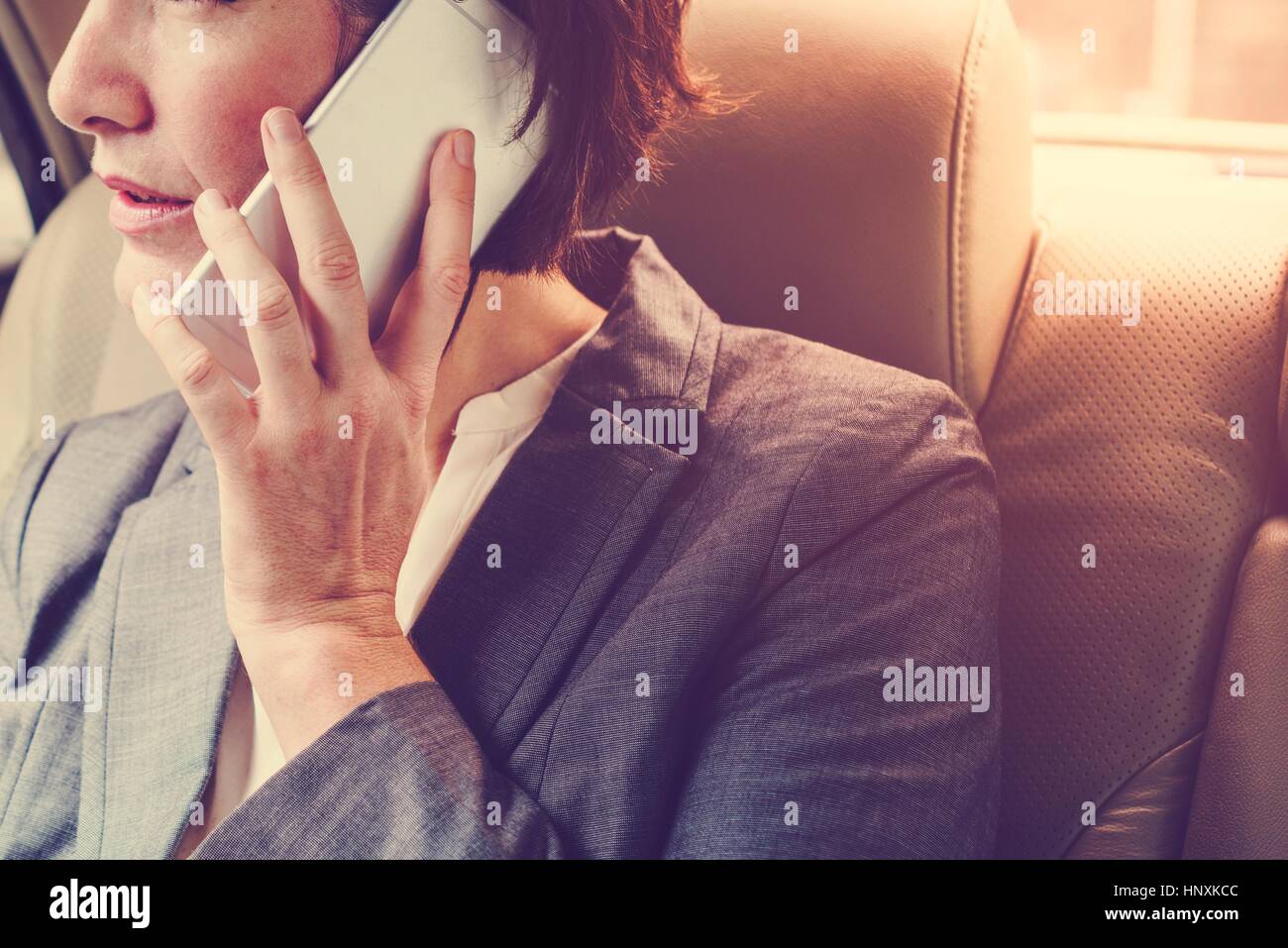 Businesswoman Talking Using Phone Car Inside Stock Photo - Alamy