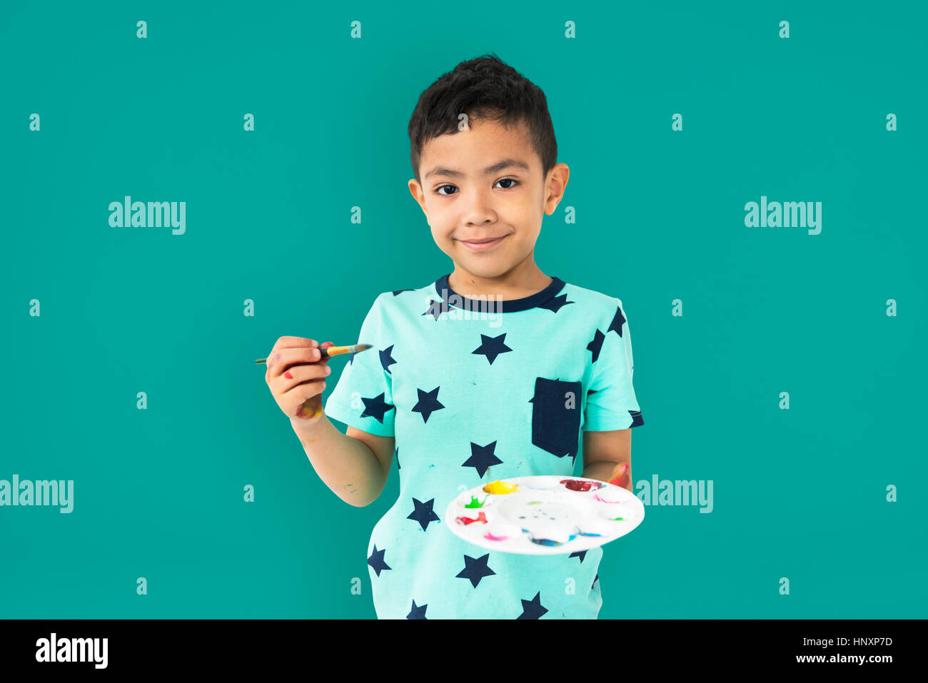 Little Boy Hands Hold Colors Plate Paint Stock Photo - Alamy