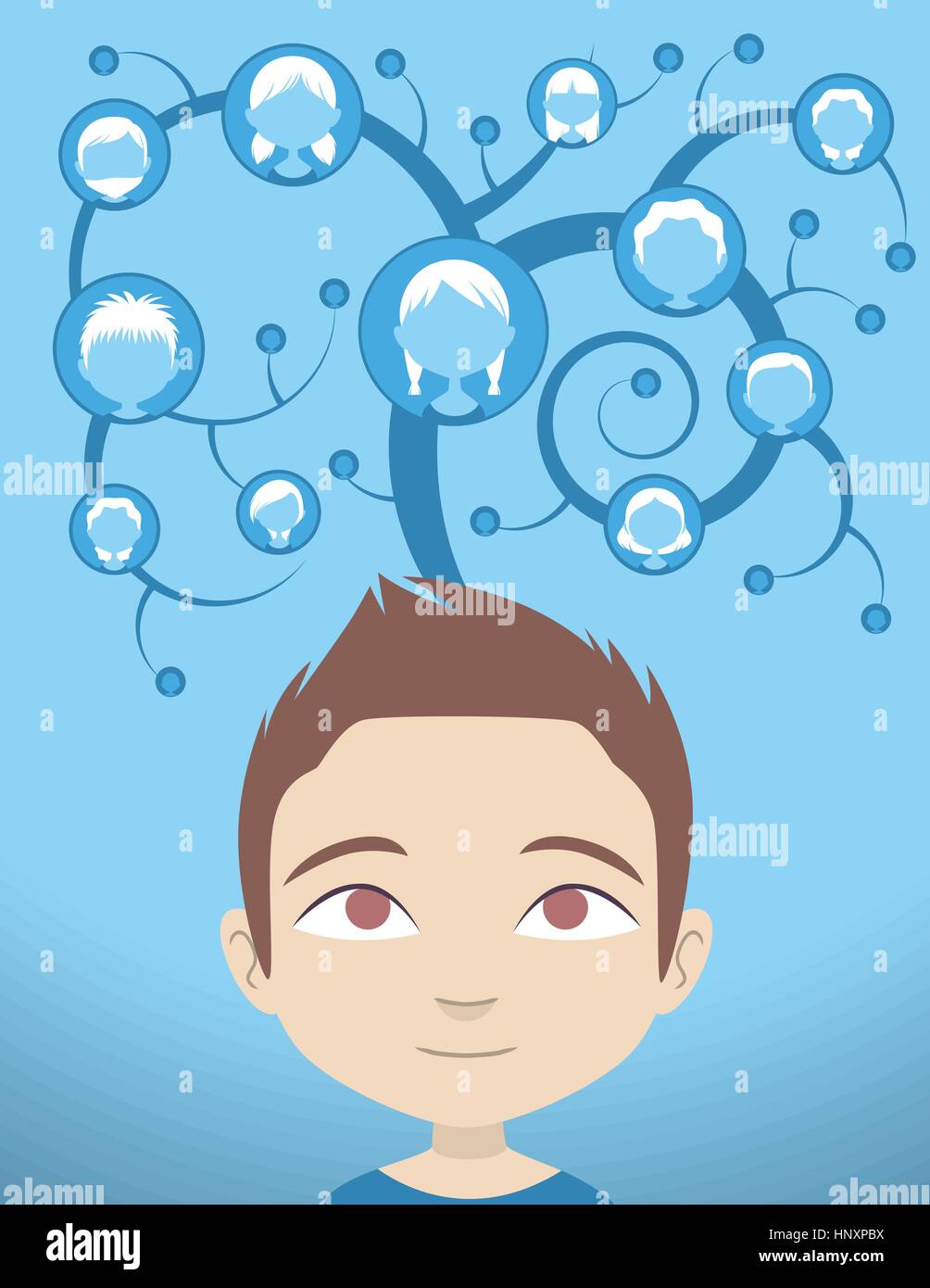 vector illustration of a little boy connected to all his friends and ...