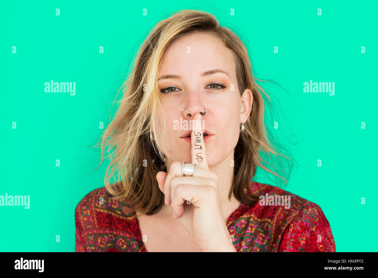 Caucasian Lady Hand Gesture Shut Up Stock Photo - Alamy