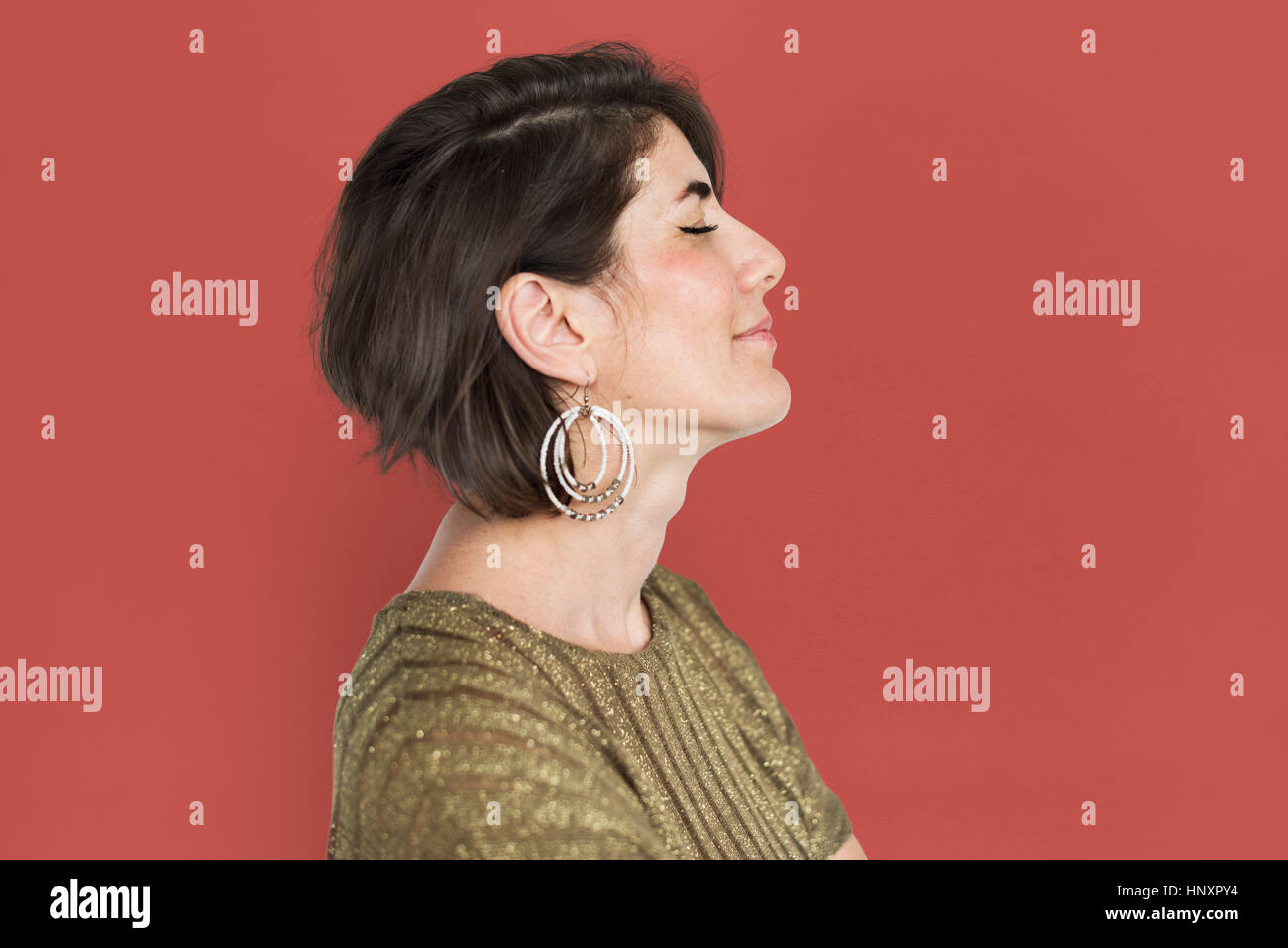 Caucasian Lady Smiling Happy Side View Stock Photo - Alamy