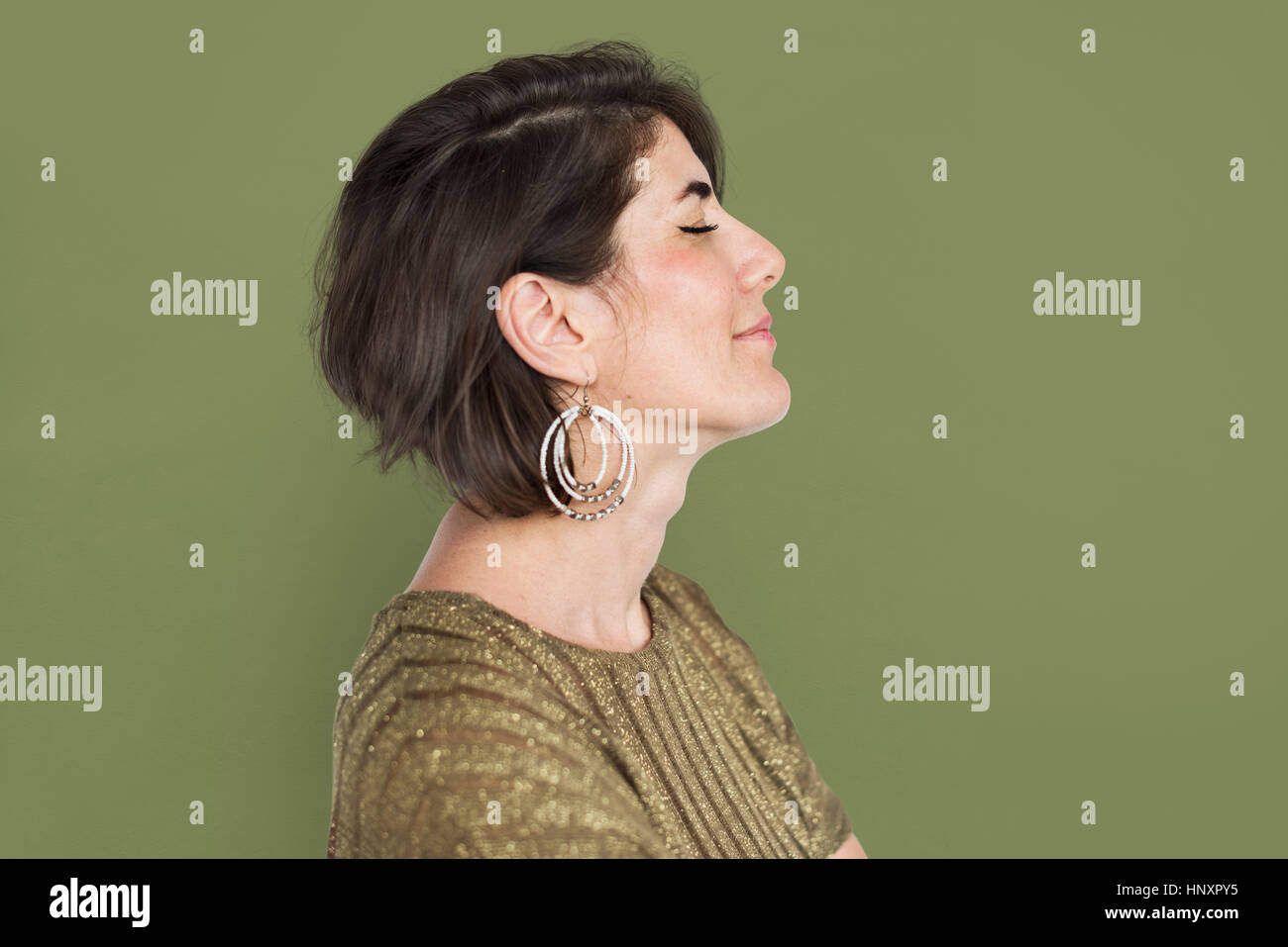 Caucasian Lady Smiling Happy Side View Stock Photo - Alamy
