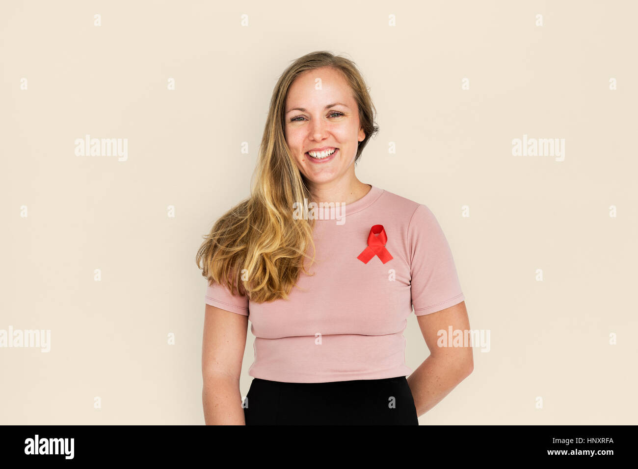 Woman Smiling Happiness Red Ribbon Charity Donation Stock Photo - Alamy