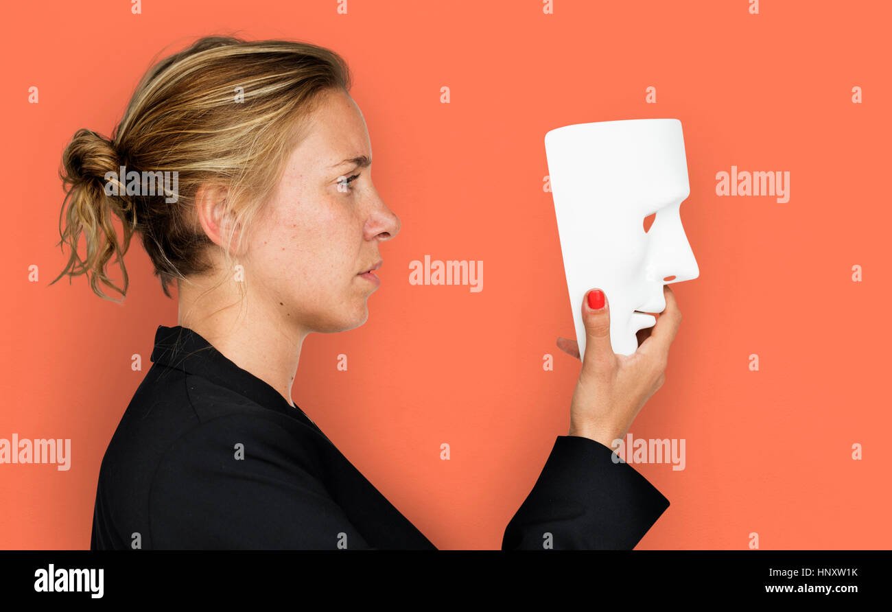 Caucasian woman Frowning Mask Concept Stock Photo - Alamy