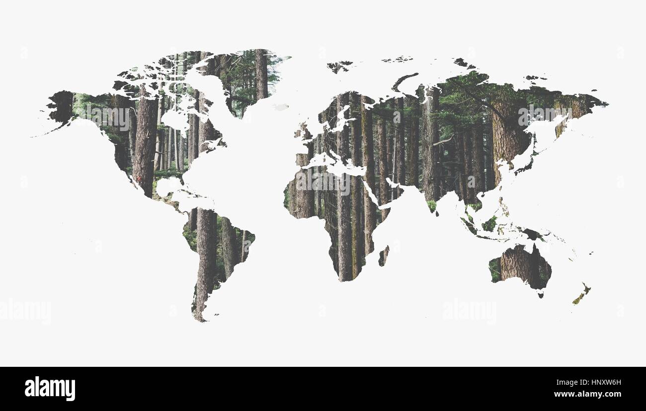 inspirational world map superimposed on woodland Stock Photo - Alamy