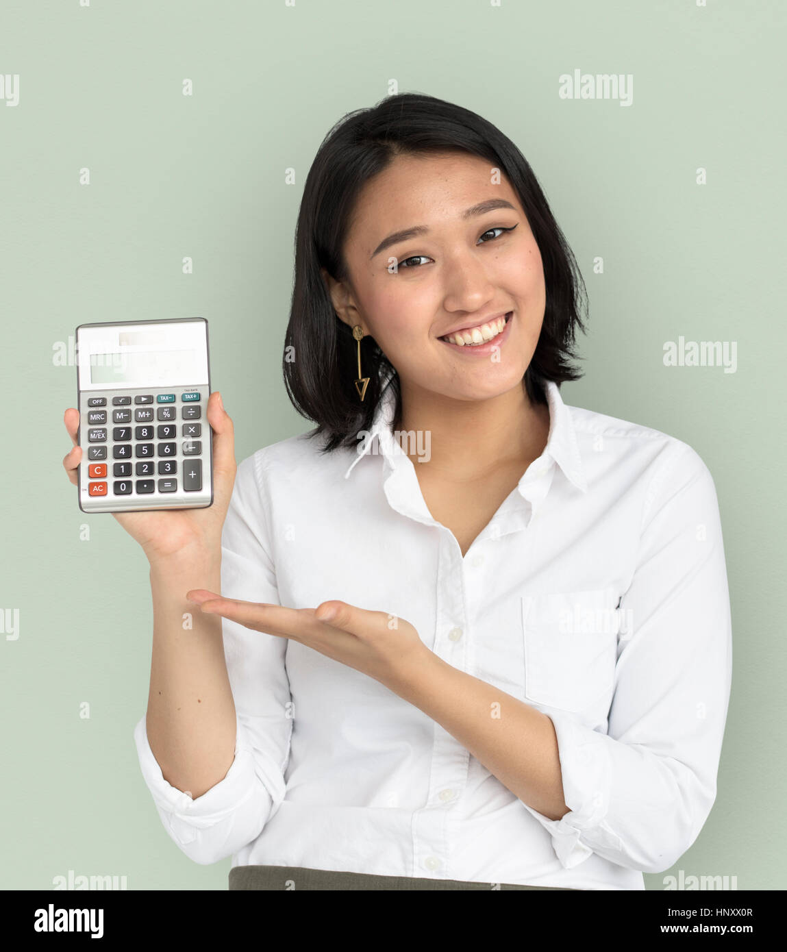 Asian Woman Showing Hand Gesture Calculator Stock Photo - Alamy