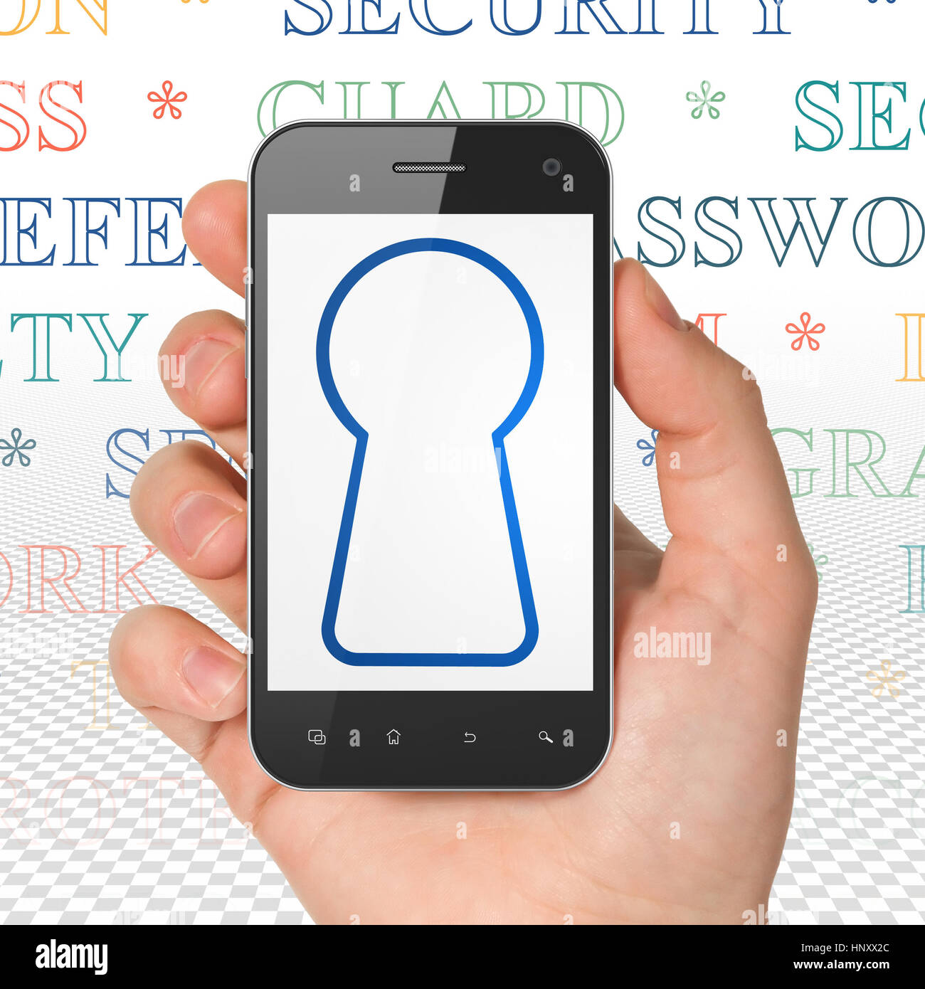Safety concept: Hand Holding Smartphone with Keyhole on display Stock ...