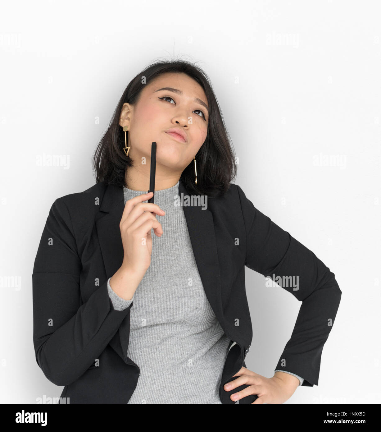 Young Asian Business Woman Thinking Pen Stock Photo - Alamy