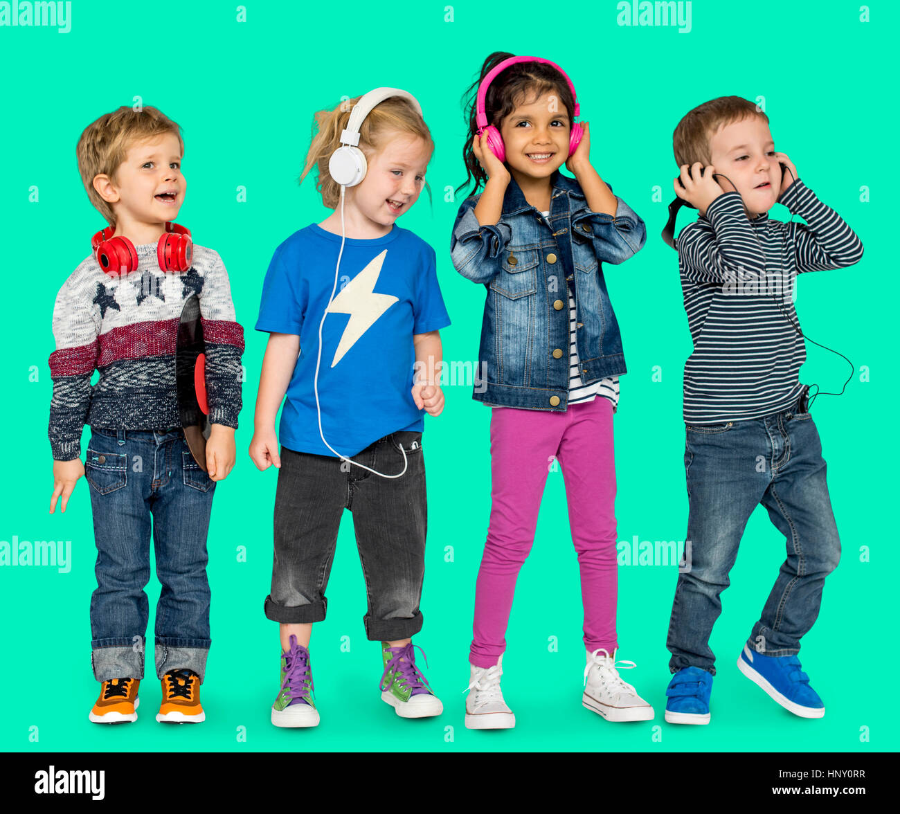 Little Children Heaphones Music Adorable Cheerful Stock Photo - Alamy