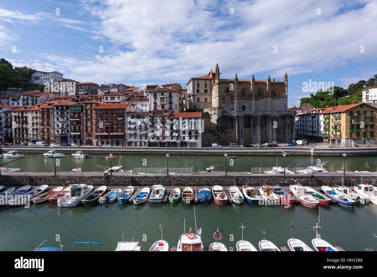 Ondarroa Old Port with Parroquia de Santa María, Biscay, Basque Country ...
