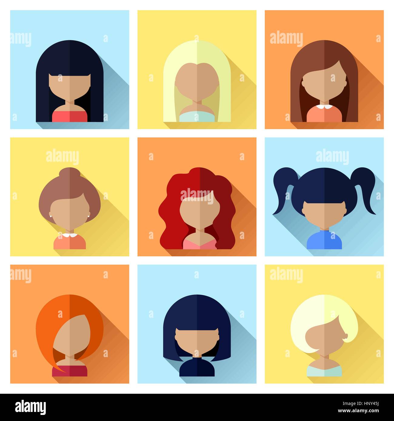 Colorful Avatars Female Square Icons Set in Flat Style with Long Shadow ...