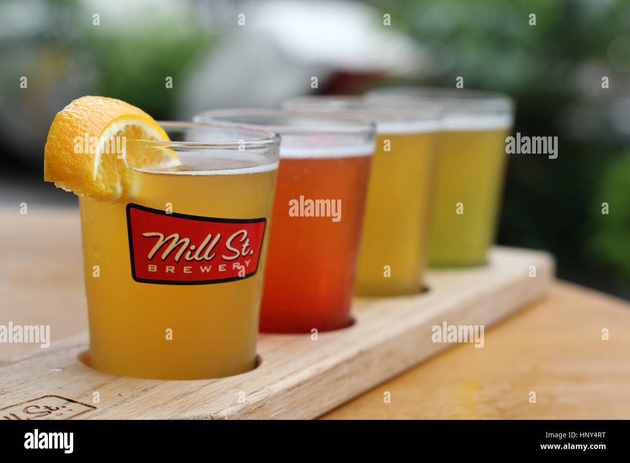 Colourful flight of Mill St. beers Stock Photo - Alamy