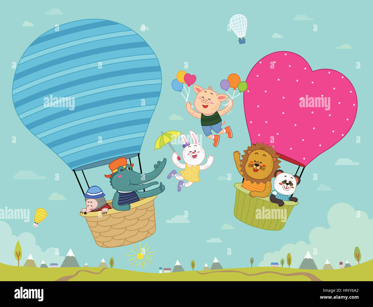 Smiling animals flying in air-hot balloons Stock Photo - Alamy