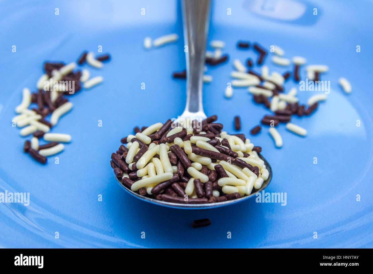 pure and white chocolate hagelslag sprinkles in spoon with blue ...
