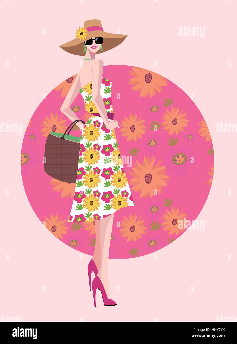 Smiling woman in dress with flower patterns Stock Photo - Alamy