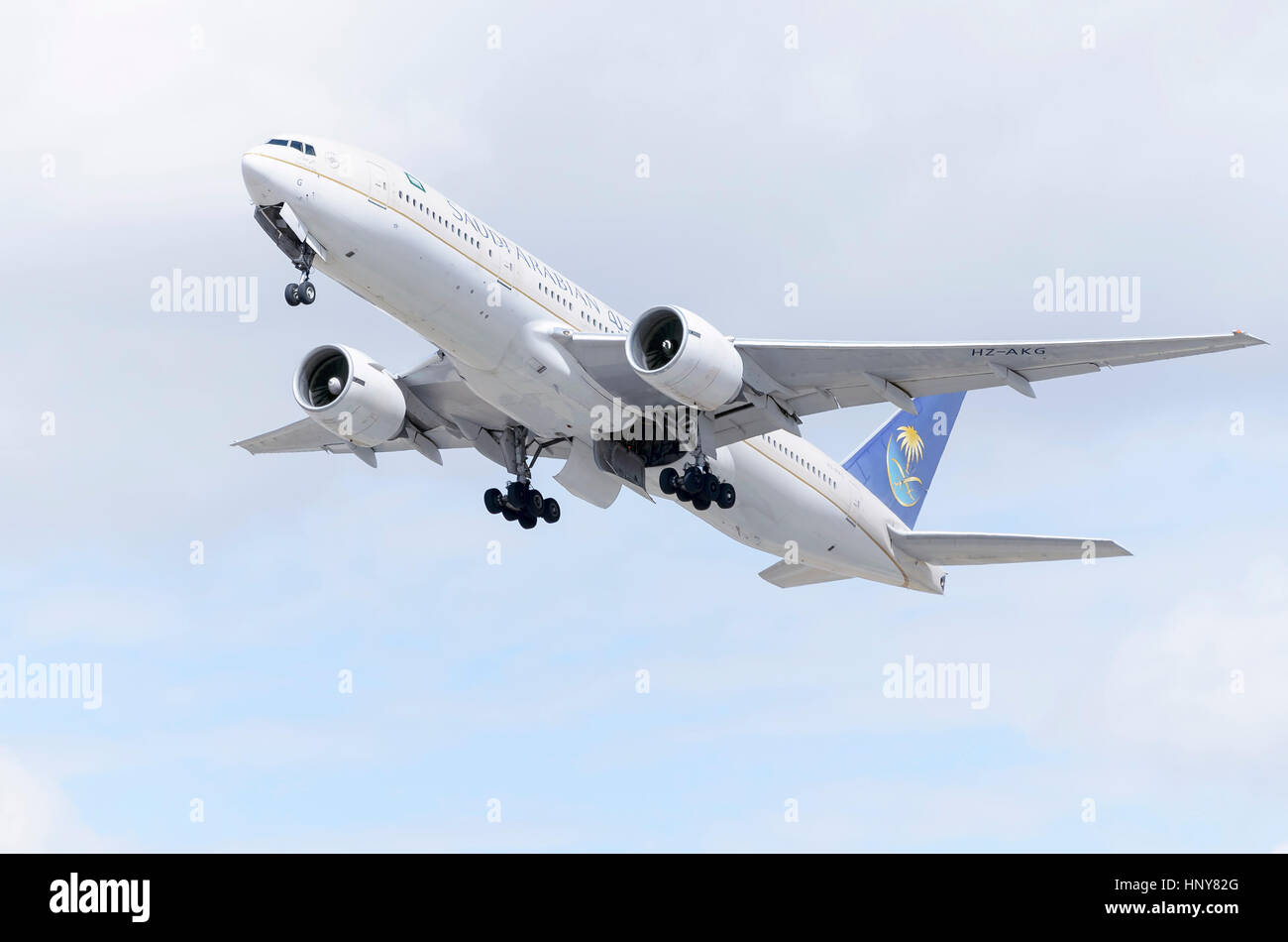 Plane Boeing 777, of Saudi Arabian Airlines airline, is taking off ...