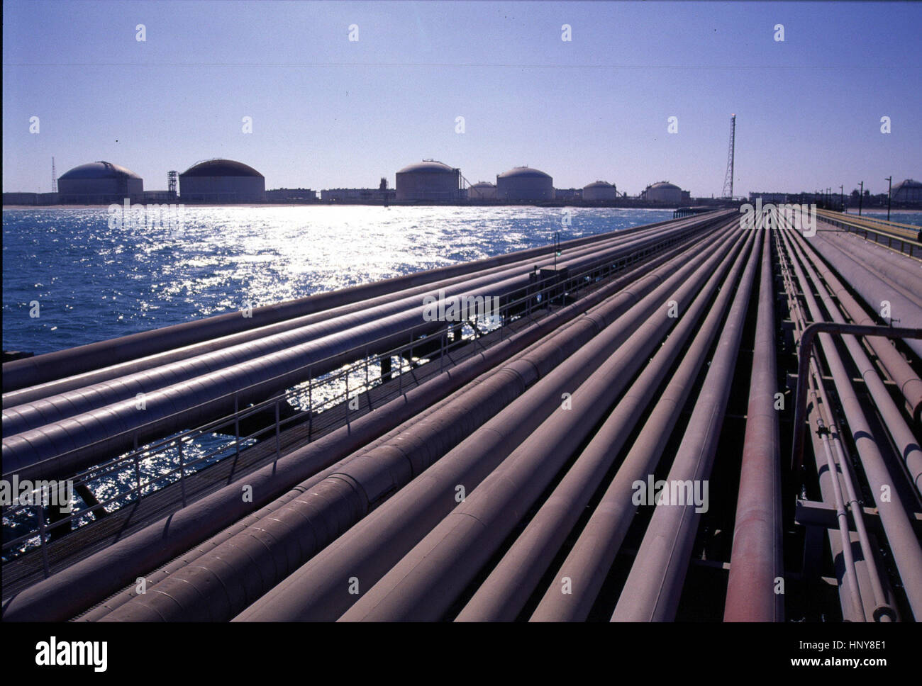 RAS TANURA, SAUDI ARABIA -- PIPES LEADING TO THE OIL LOADING TERMINAL ...