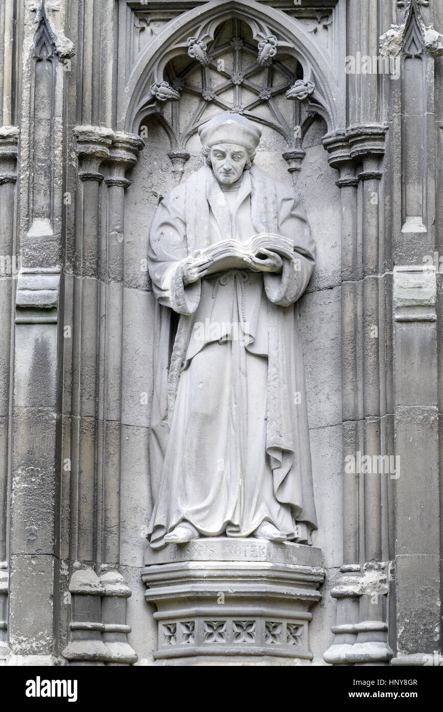 Statue of Erasmus on an external wall at Canterbury cathedral, England ...