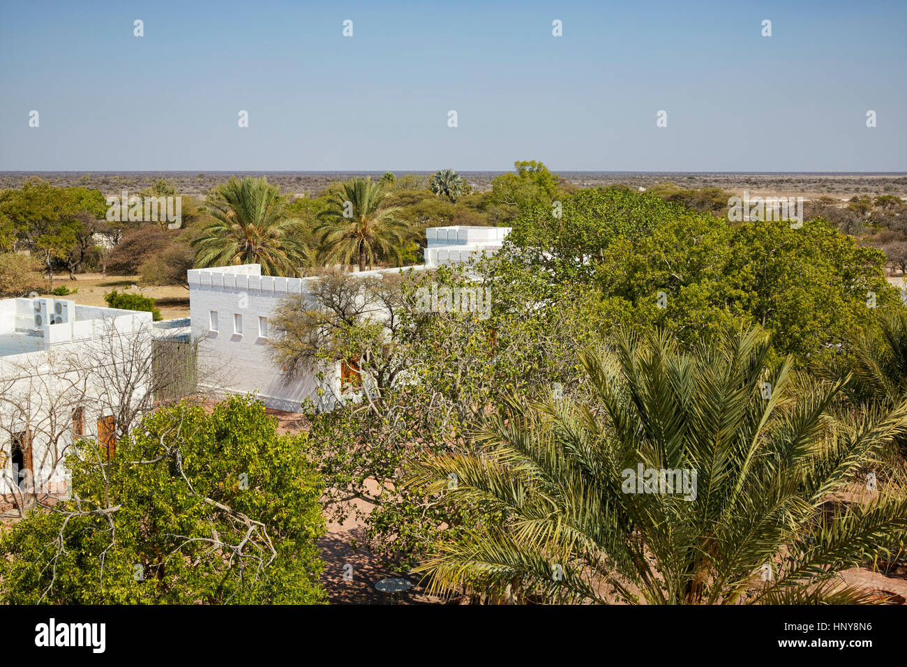 View form one of the Namutoni Fort towers at Namutoni camp, Etosha ...