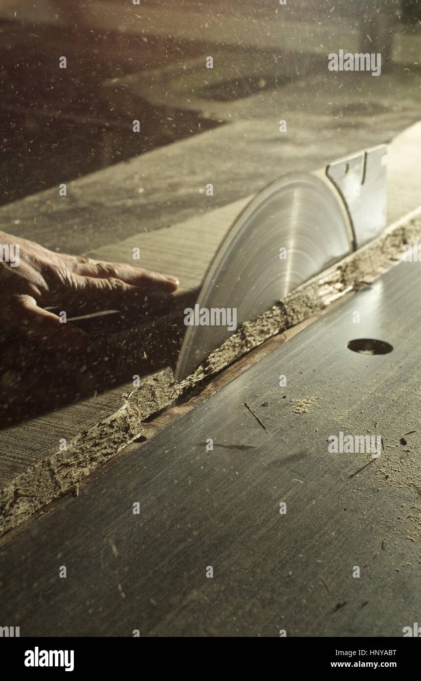 Carpenter cutting wood with circular bench saw Stock Photo - Alamy