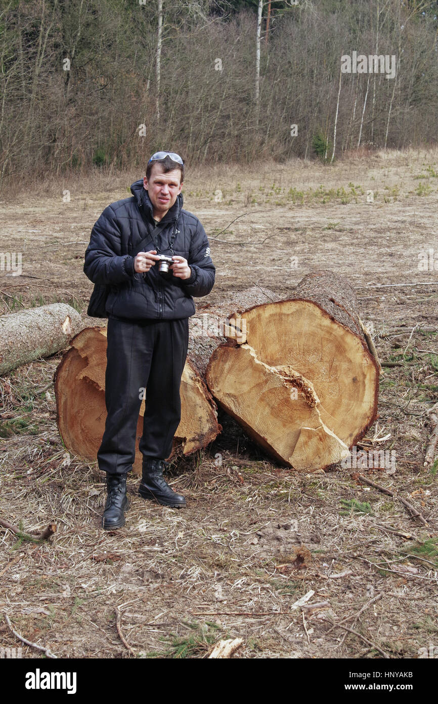 Deforestation under the power line and the lying logs.Man near woodpile ...